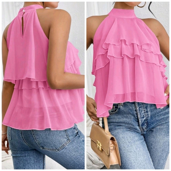 Tops | New Flirty Layered Sheer Ruffle Halter Top Blouse Pink | Poshmark